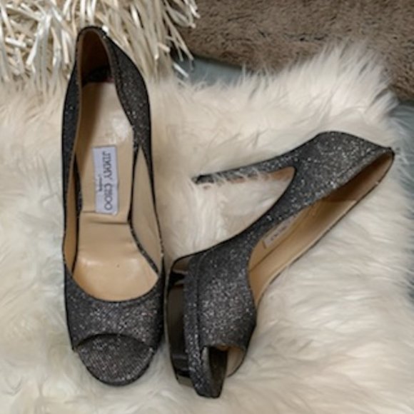 Jimmy Choo Silver Metallic Glitter Open Peep Toe | Shoes | Jimmy Choo ...